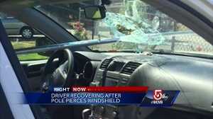 Metal pole narrowly misses driver after piercing through windshield