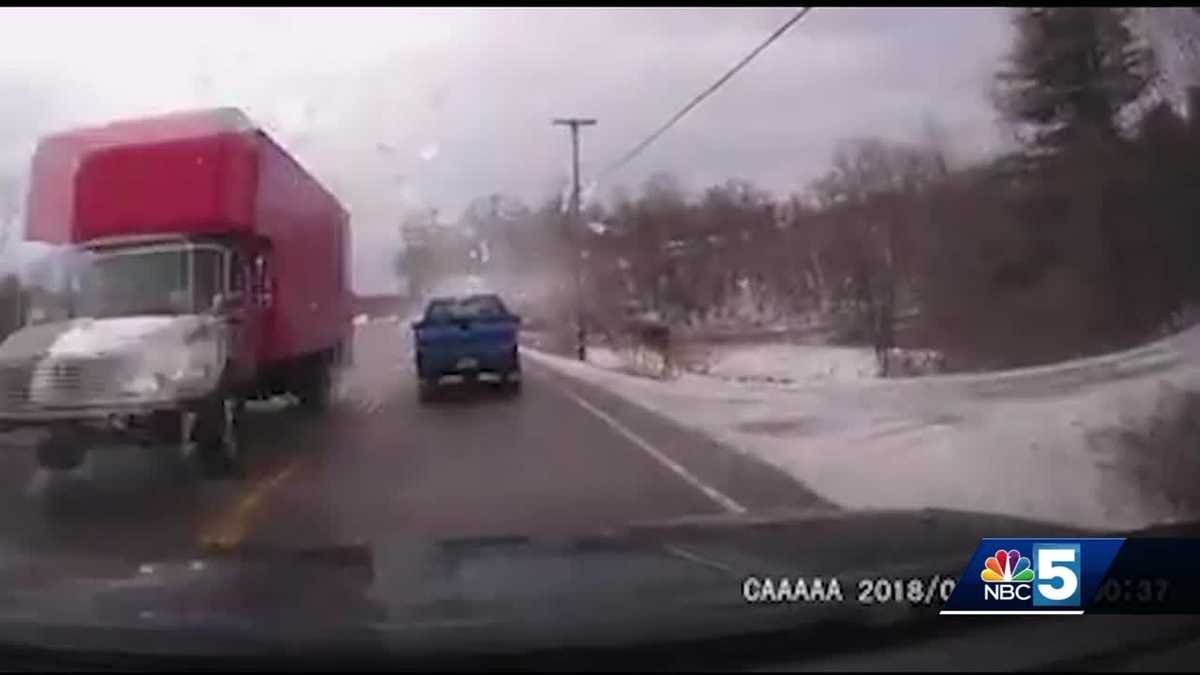 Snow, ice flying from top of truck smashes car's windshield