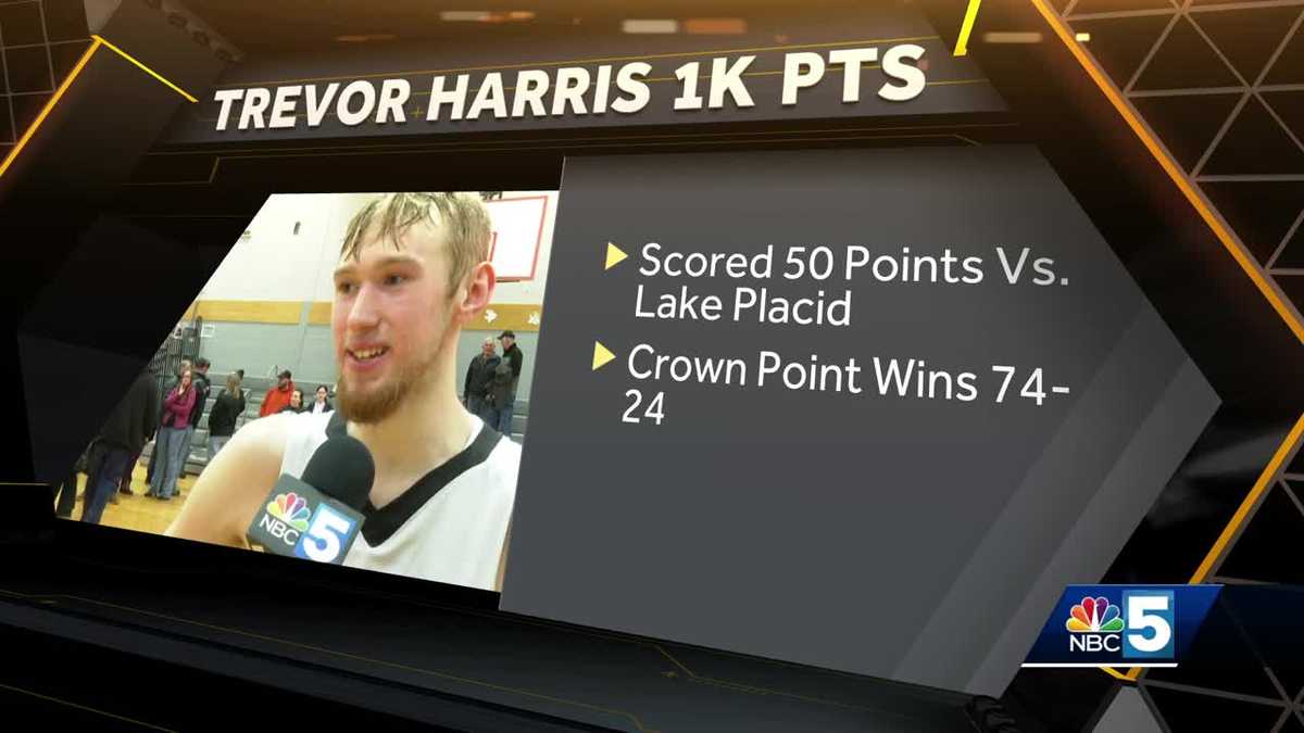 Crown Point high school boys basketball junior Trevor Harris reaches ...