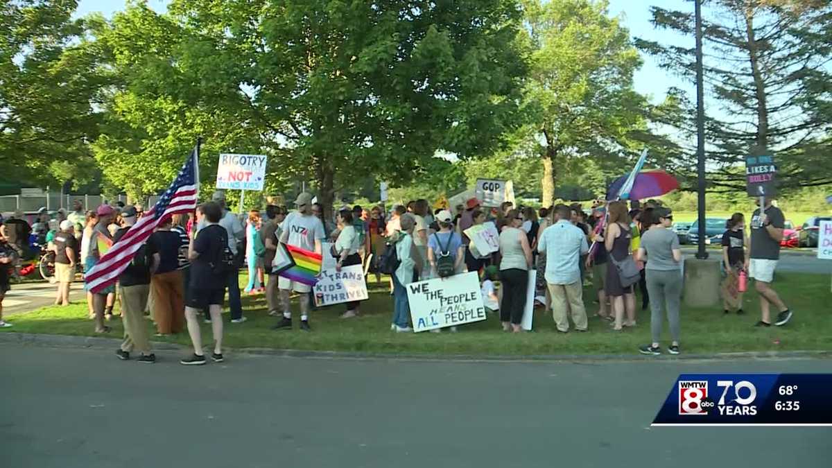 Protestors gather outside Rep. Laurel Libby's free speech event in Topsham