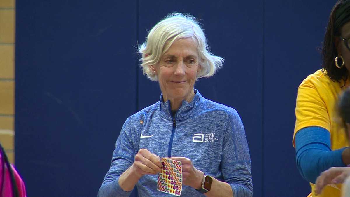 Boston Marathon legend Joan Benoit Samuelson surprises young runners at school