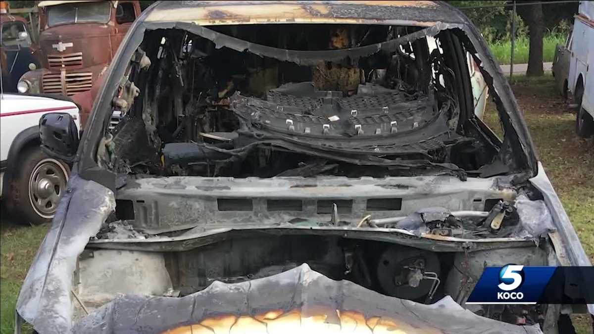 Van destroyed after being hit by lightning, catching fire