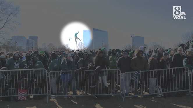 VIDEO: Eagles fan climbs pole at Super Bowl parade