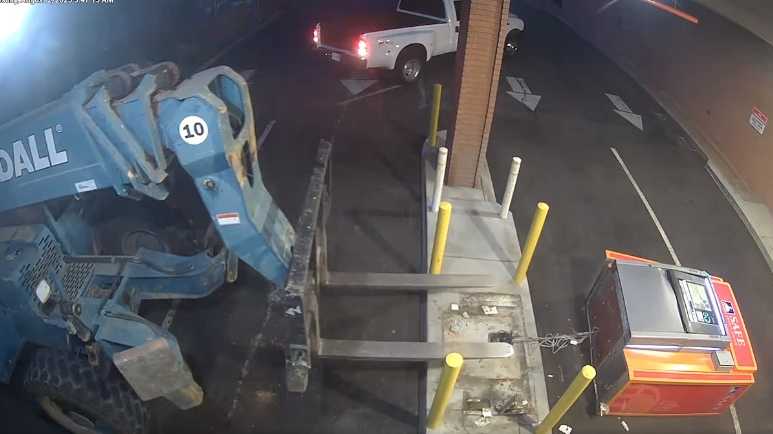 Video shows brazen thieves ram ATM machine with forklift