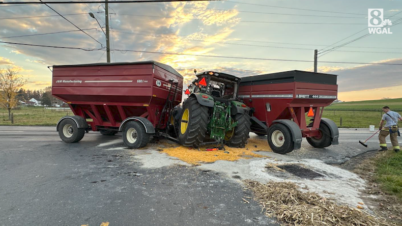 Grain spills on road after crash in Lancaster County, Pa.