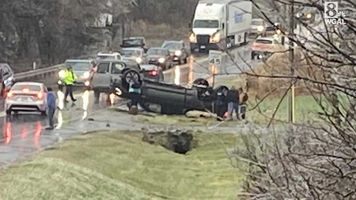 Pickup truck flips over in Lebanon County, Pa.