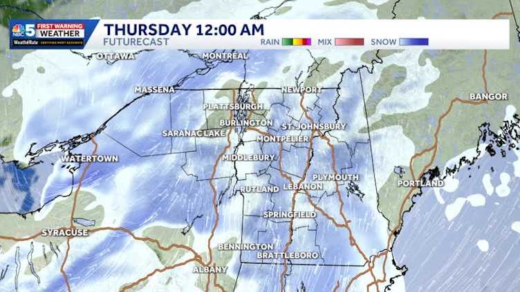 Hour-by-hour timing for New Year's Eve snow in Vermont, New York