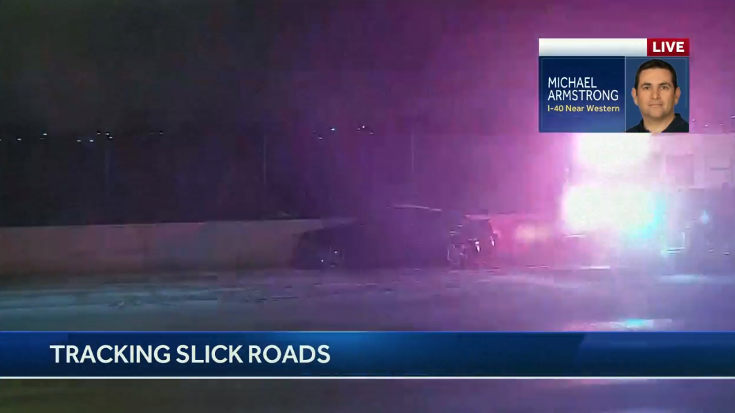 Slick roads cause driver to crash into wall on I-40 in west OKC