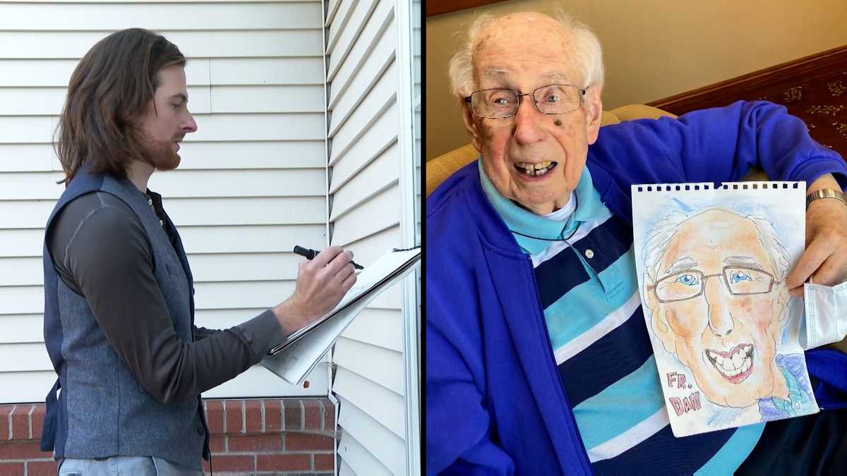 Caricature artist draws elderly through windows