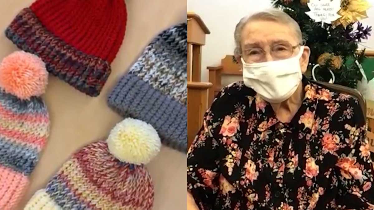 90-year-old knits hats, gives back to nursing home