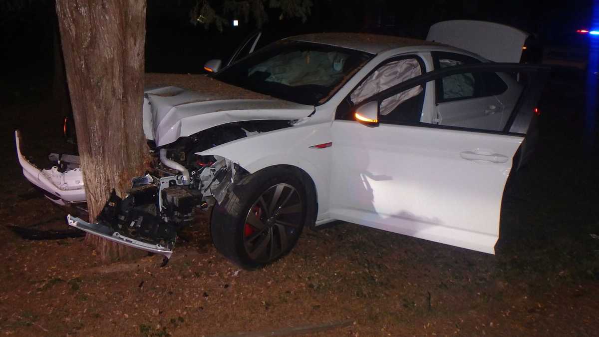 Jetta goes airborne before slamming into tree