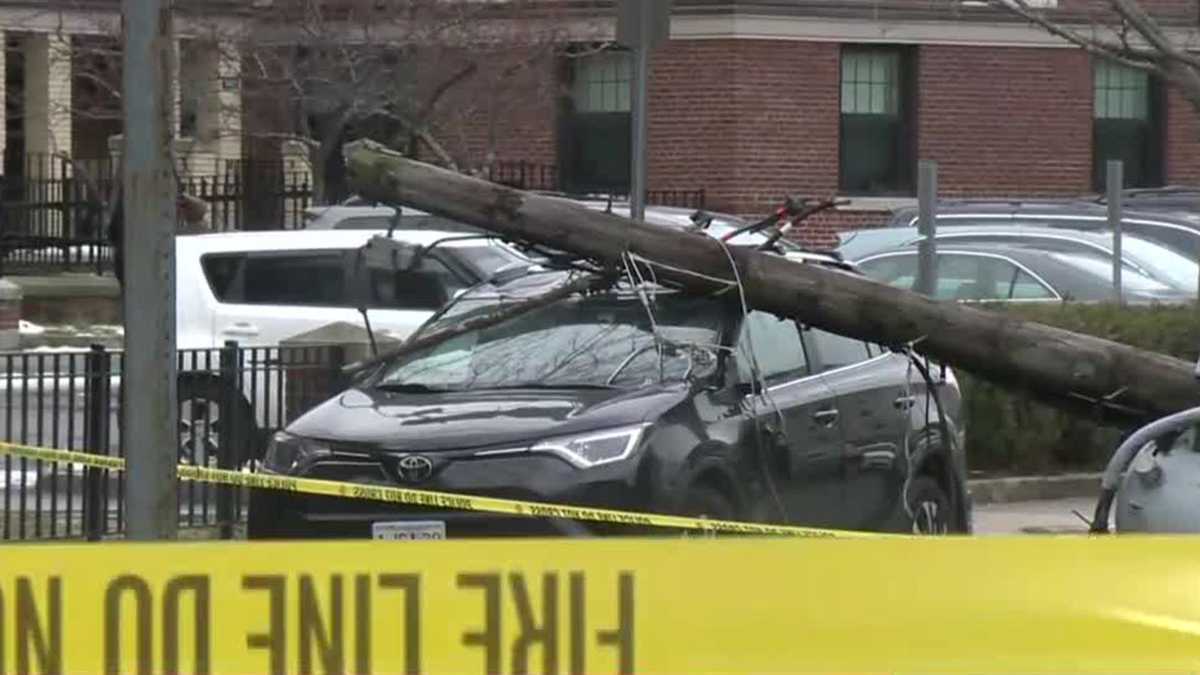 Multiple utility poles fall on top of vehicles; dozens lose power