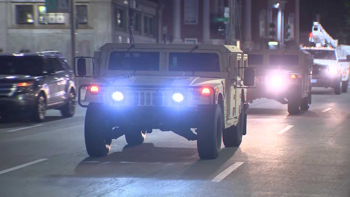 Massachusetts National Guard, military vehicles guarding streets of ...