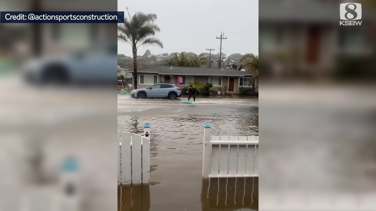 Man 'surfs' flooded streets of Aptos after atmospheric river