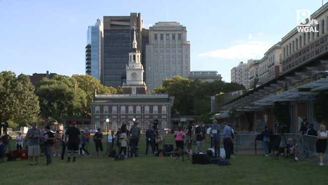 Voters gather on Independence Mall outside debate